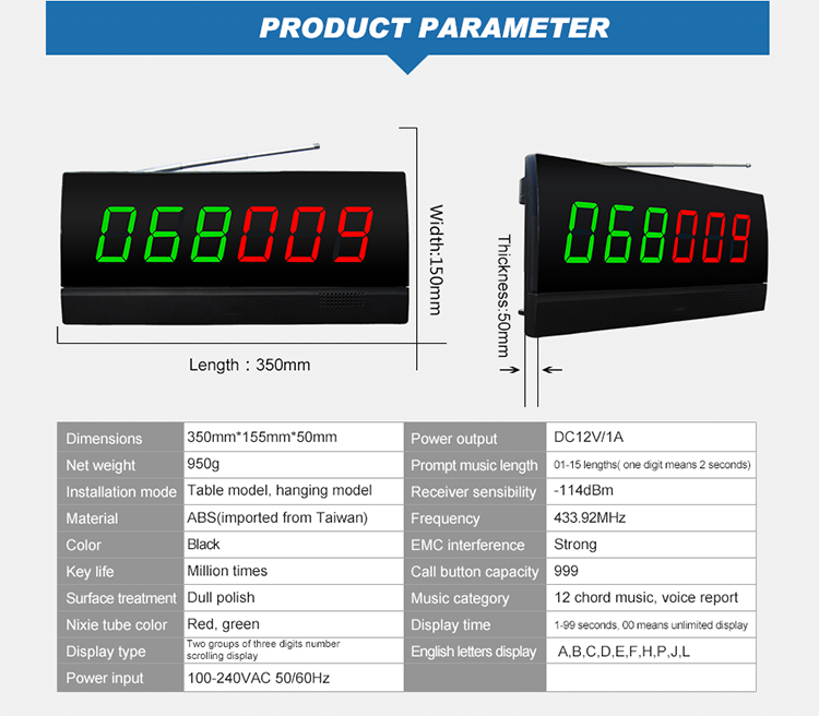 Wireless calling system number display panel screen monitor with 2 ...
